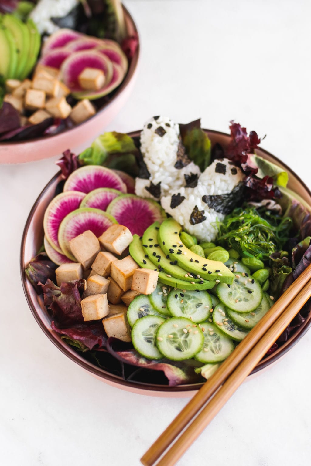 Garden Vegan Poke Bowl with Tofu & Watermelon Radish - Veggiekins Blog